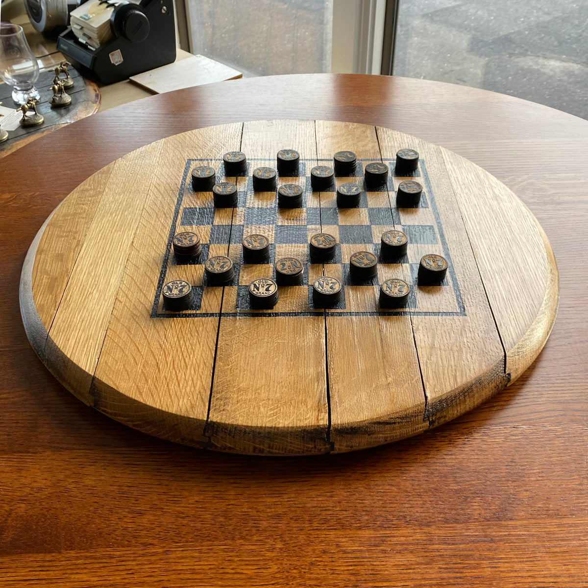 Chess and Checkers Board With Solid Wood Barrel Head Base, Hand Made P ...